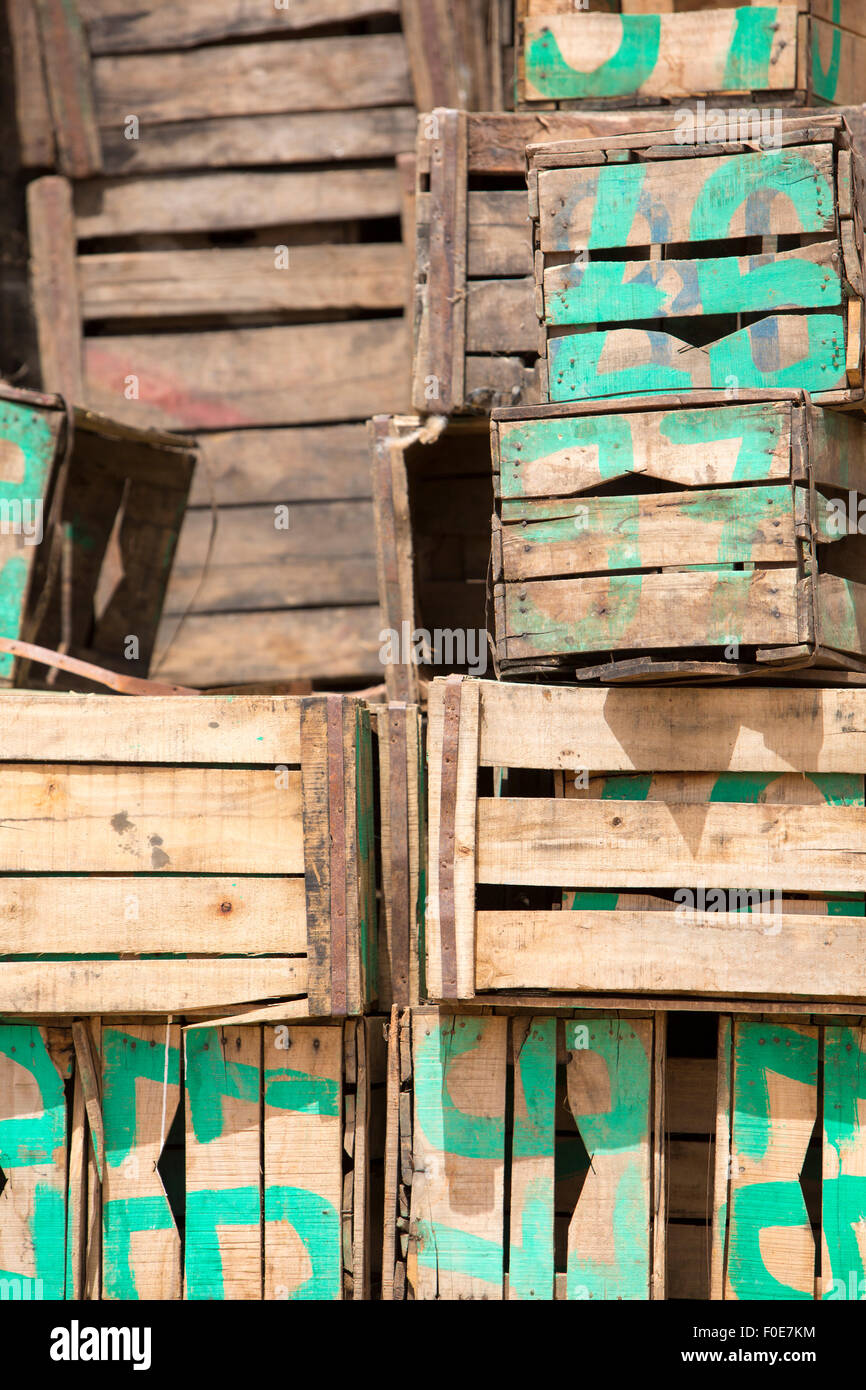 Old stacked green and natural wood boxes, Morocco Stock Photo - Alamy