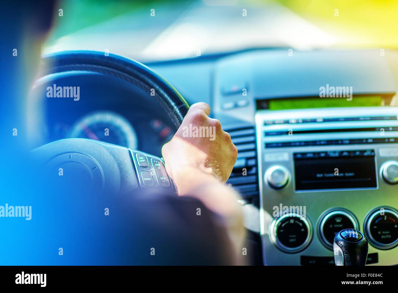 Summer Trip by Car. Driving Theme. Men Driving Car. Hand on Steering ...