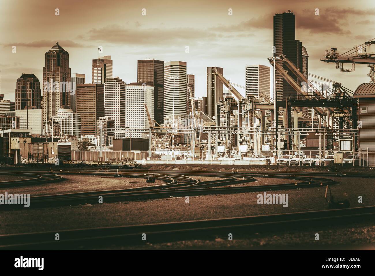 Vintage Port of Seattle. Vintage Brown Color Grading. Tracks and the ...