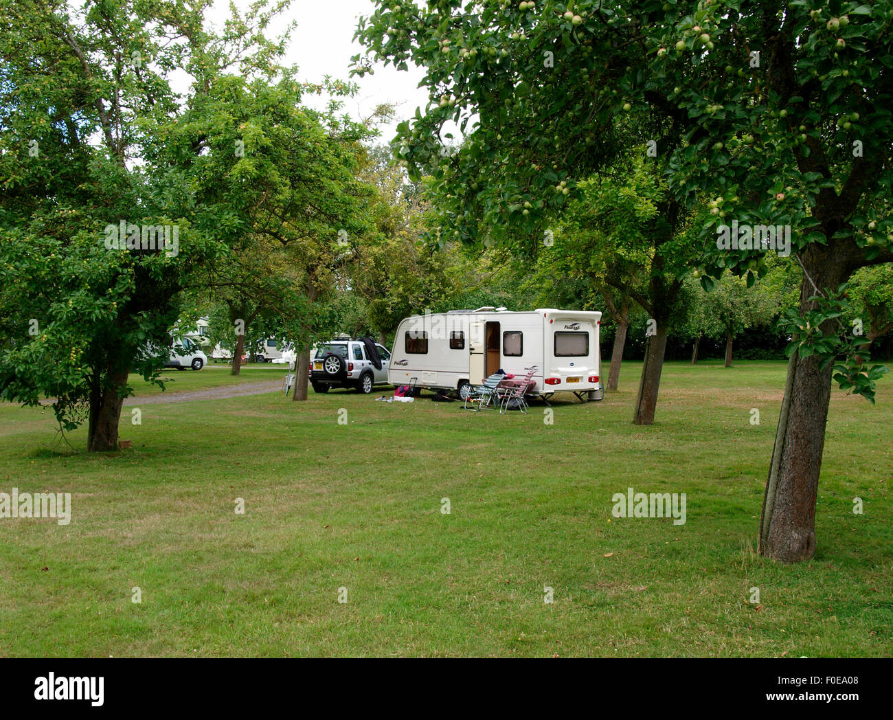Caravan parked between apple trees on Tanpits Cider Farm, Taunton ...