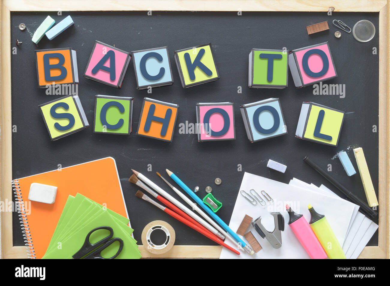 Some cube letters composing the words BACK TO SCHOOL on a blackboard ...