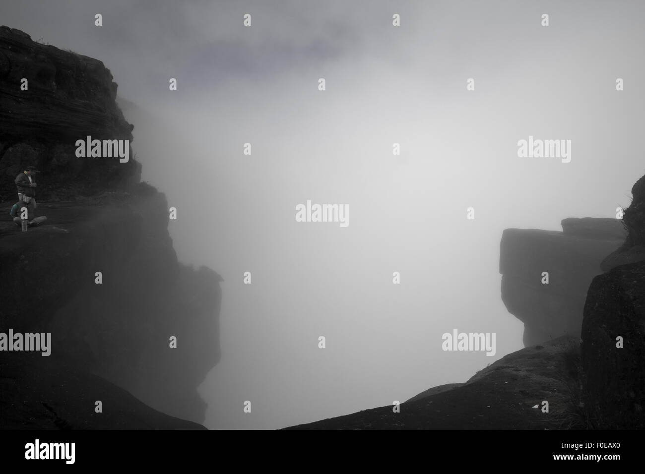 Panorama of wild landscape at the top of Mount Roraima with fog a 600m ...