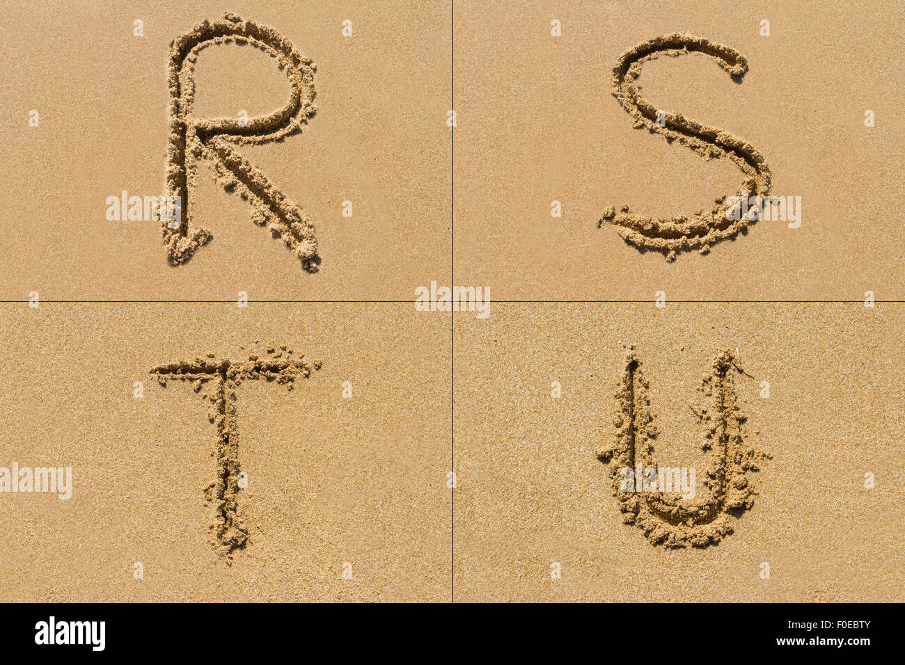 Conceptual set of R S T U letter of the alphabet written on sand with ...