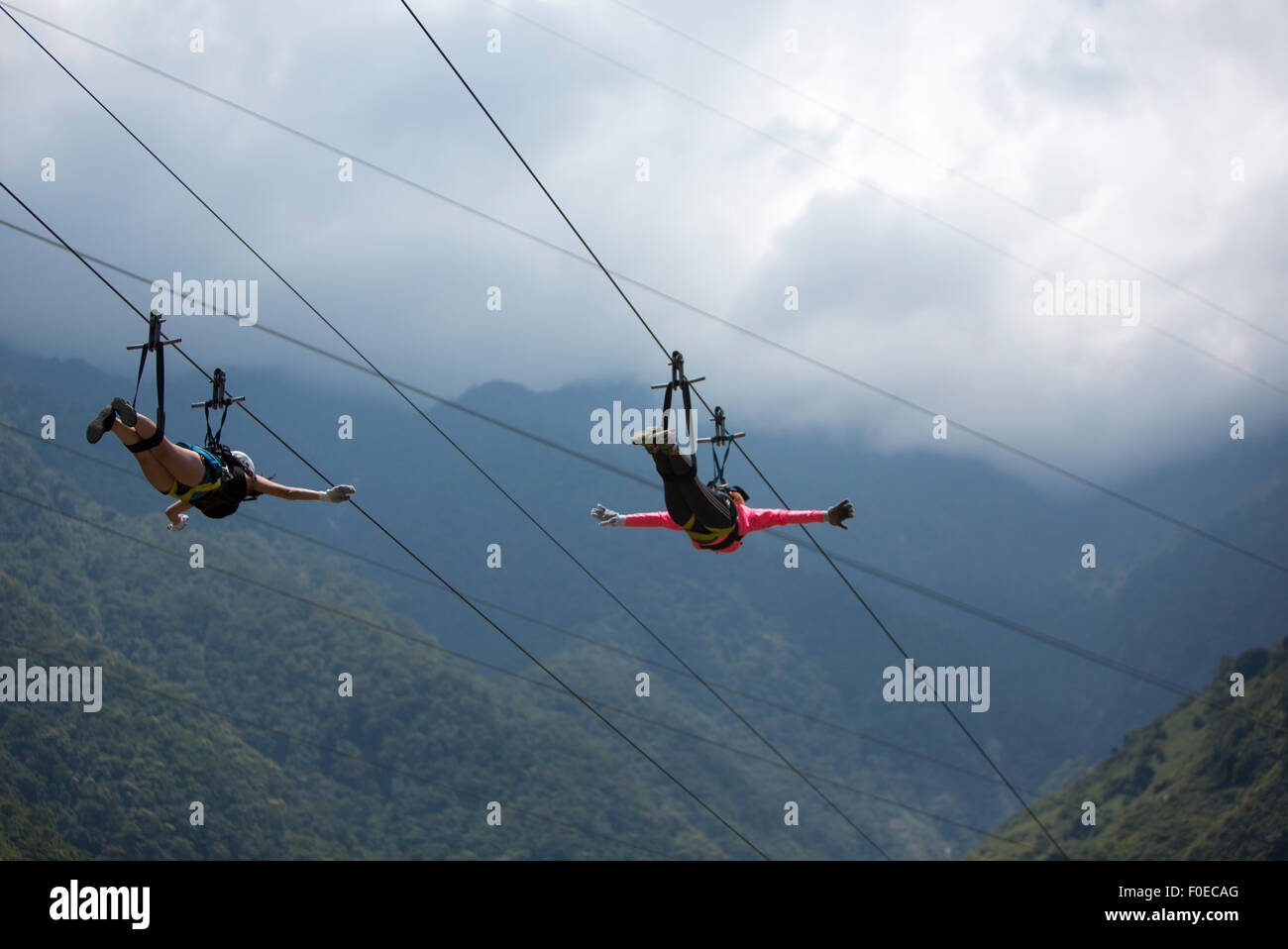 People falling on a zip line adventure park in Ecuadorian rainforest ...