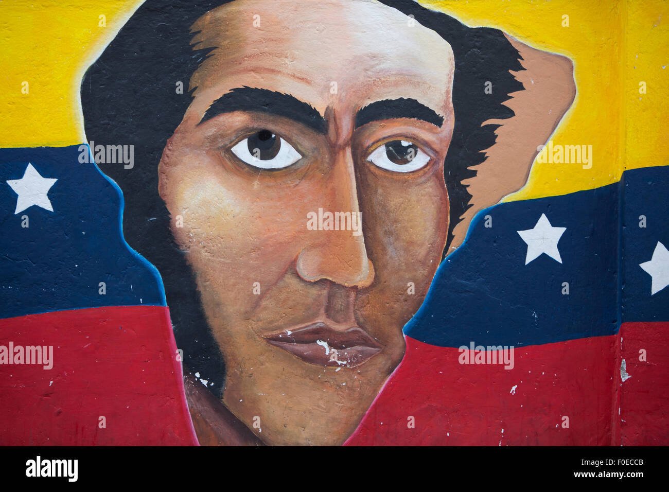 Graffiti on wall, composition of Ecuador flag and Simon Bolivar ...