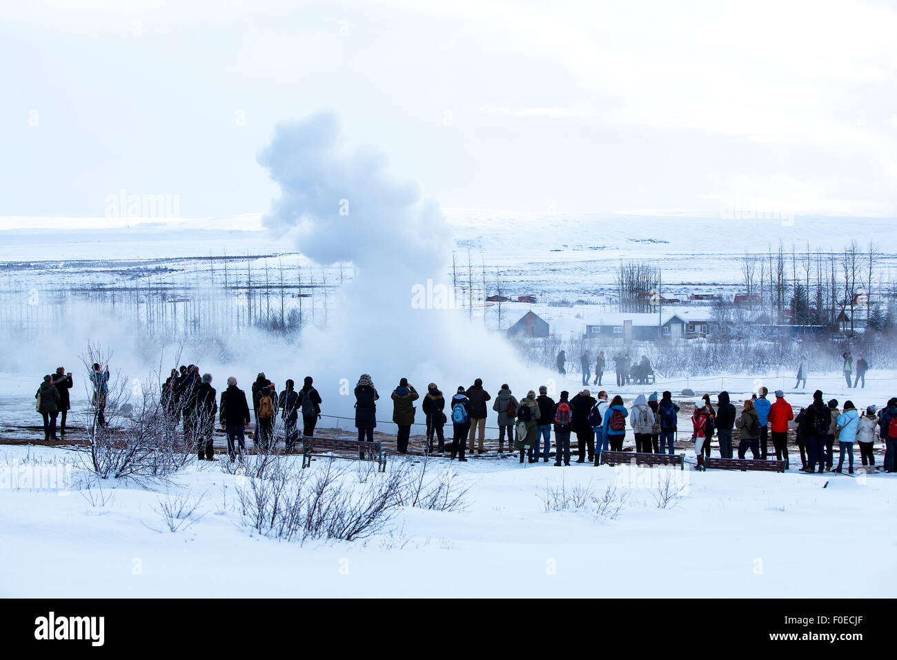 Visitors at the geyser eruption of Strokkur in winter Stock Photo - Alamy