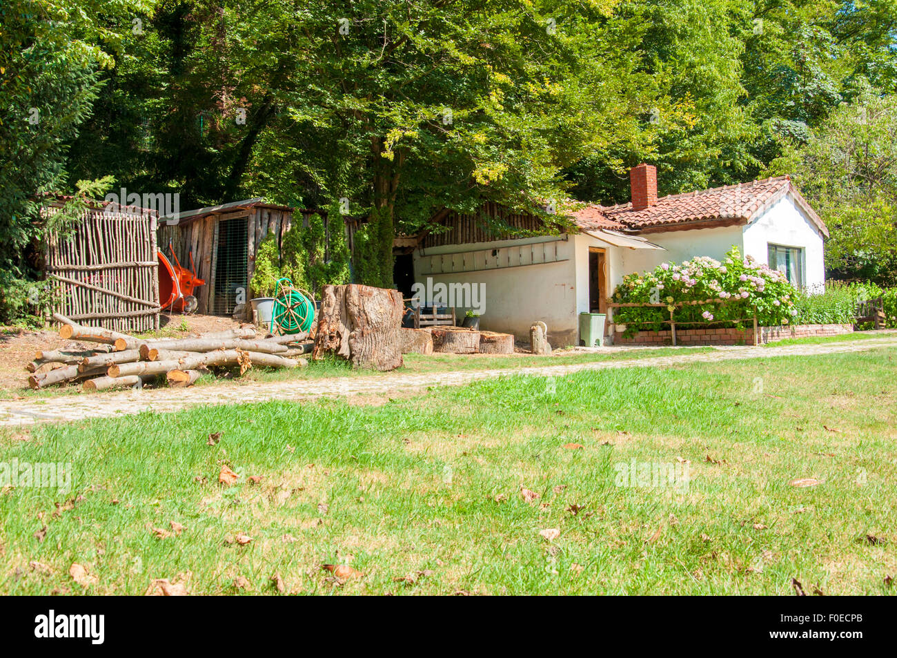 Small white cottage by a green summer meadow Stock Photo - Alamy