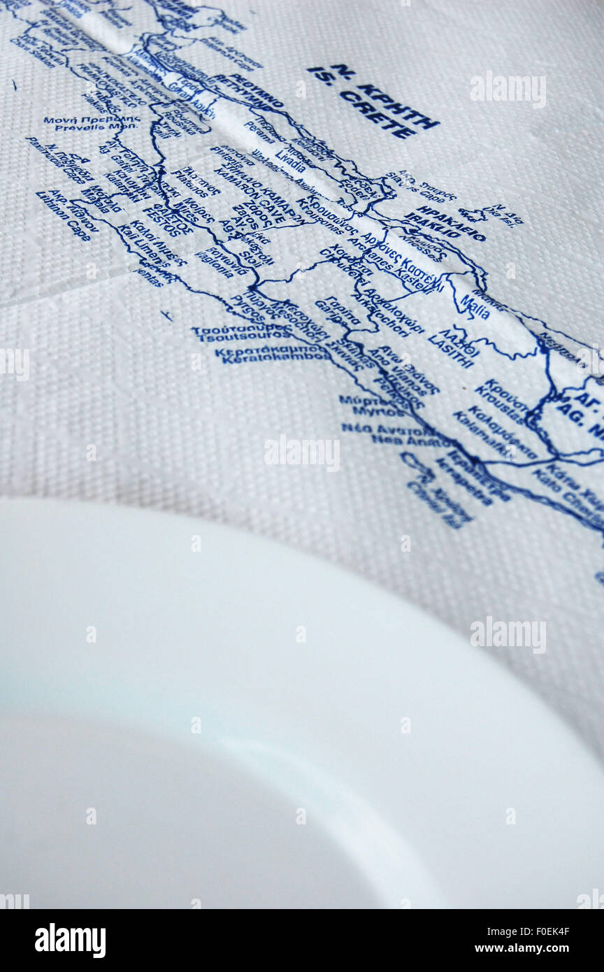 paper tablecloth with a map of Crete in Greek taverna Stock Photo - Alamy