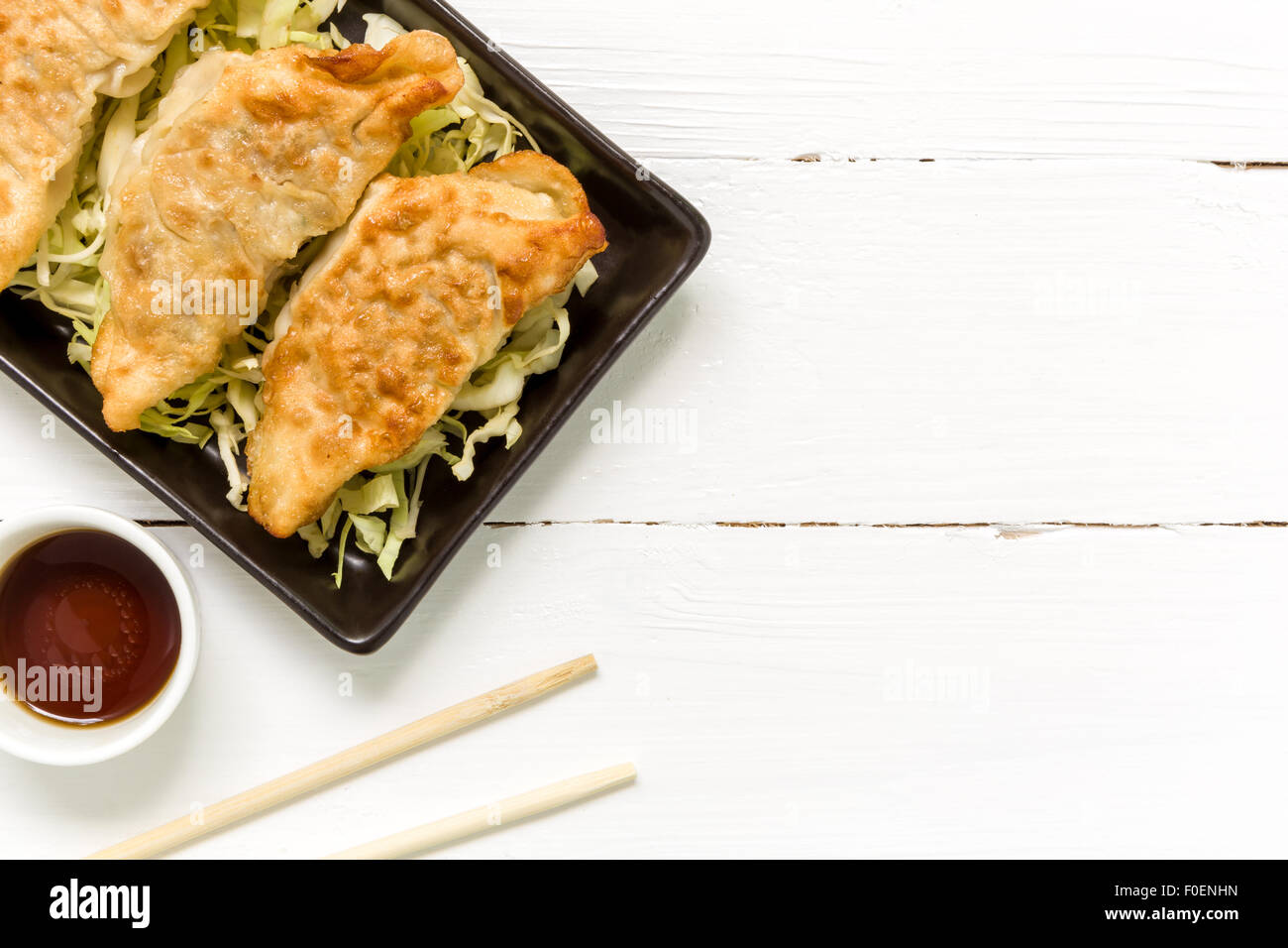 Gyoza, traditional pork dumpling, eaten with soy sauce popular in Japan ...