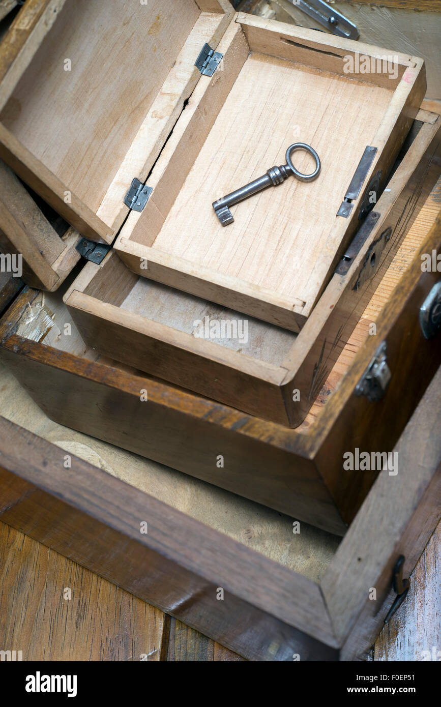 Old key in wooden box for personal belongings Stock Photo - Alamy