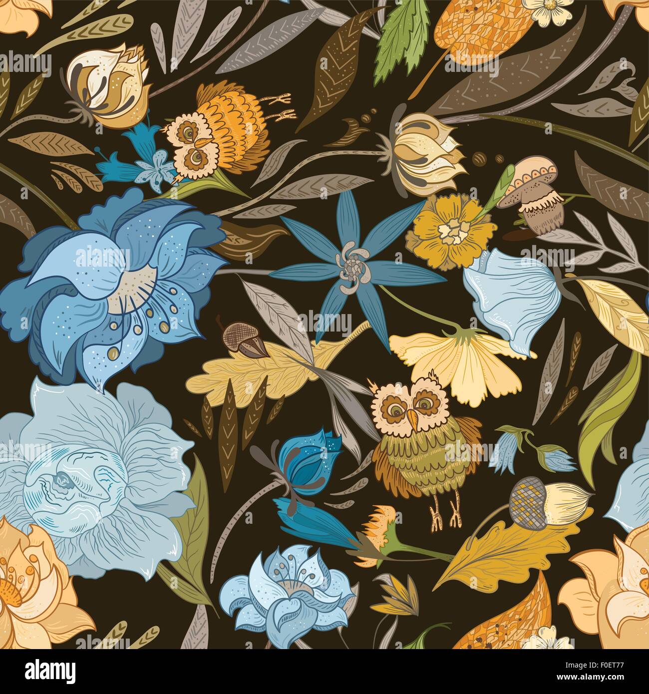 Seamless fall vintage texture with flowers, forest leaves, owl on dark ...
