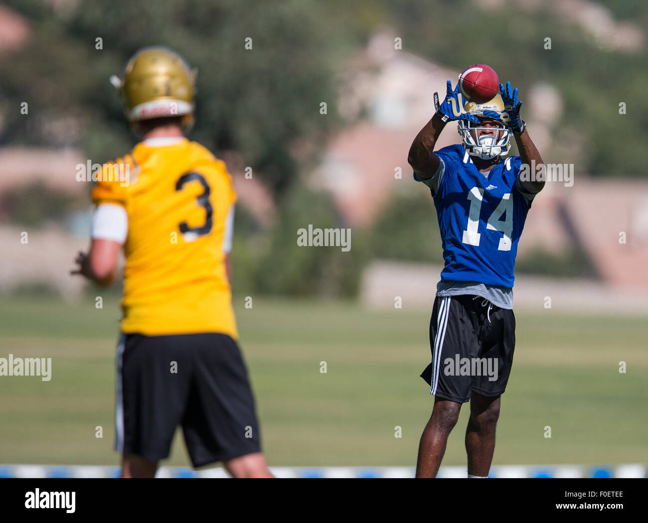 San Bernardino, CA. 10th Aug, 2015. UCLA receiver (14) Mossi Johnson ...