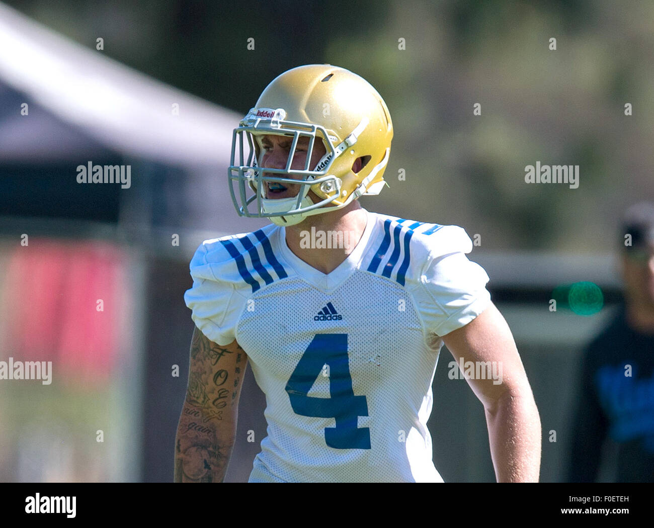 San Bernardino, CA. 10th Aug, 2015. UCLA linebacker (4) Cameron Judge ...