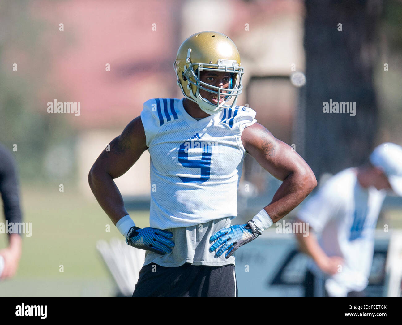 San Bernardino, CA. 10th Aug, 2015. UCLA defensive back (9) Marcus Rios ...