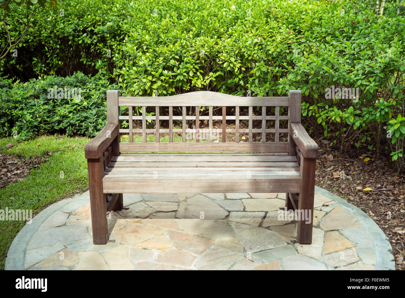 vintage wooden bench on the meadow with green bushes around Stock Photo ...