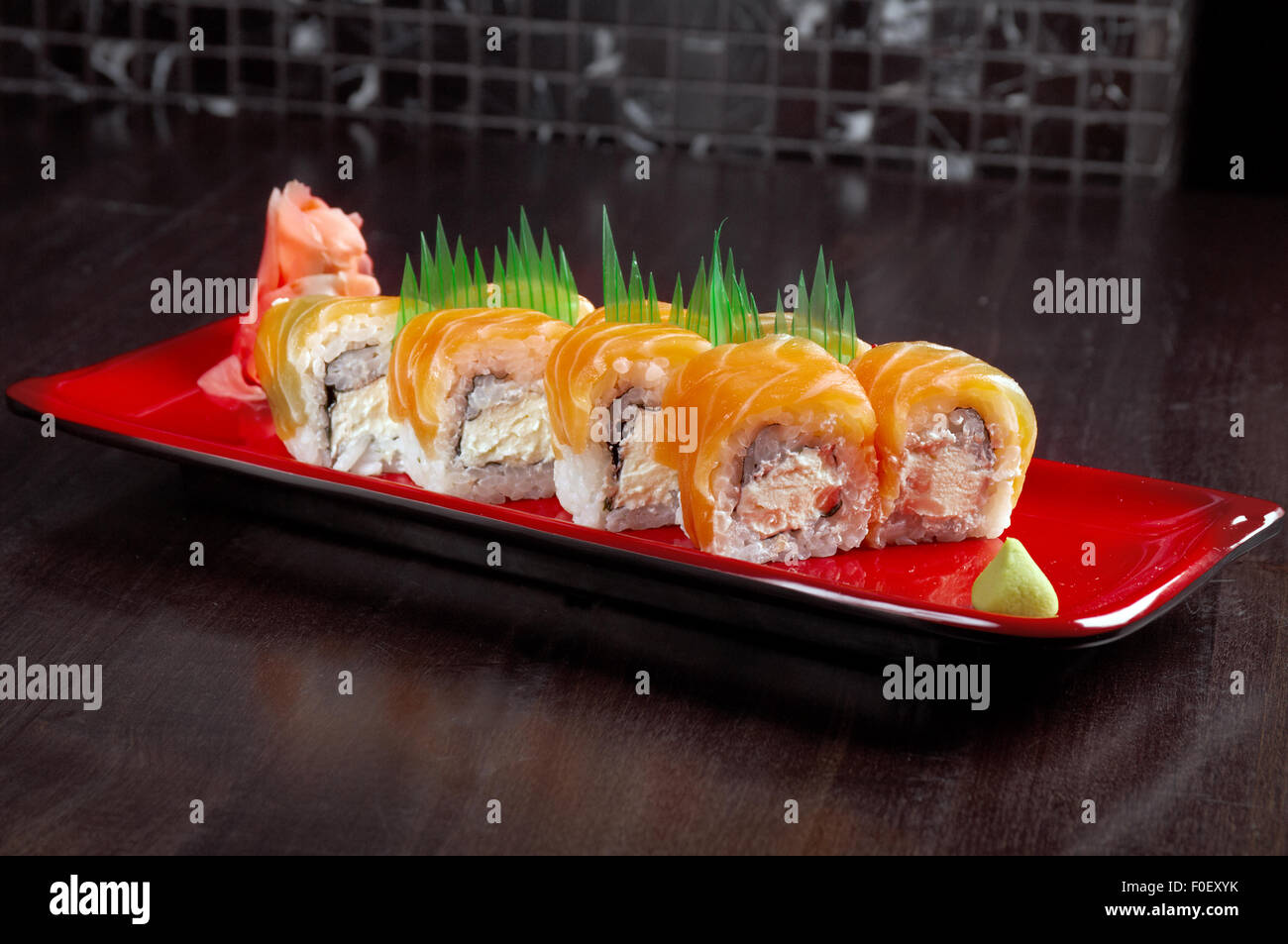 Japanese sushi traditional japanese food.Roll made of salmon Stock ...