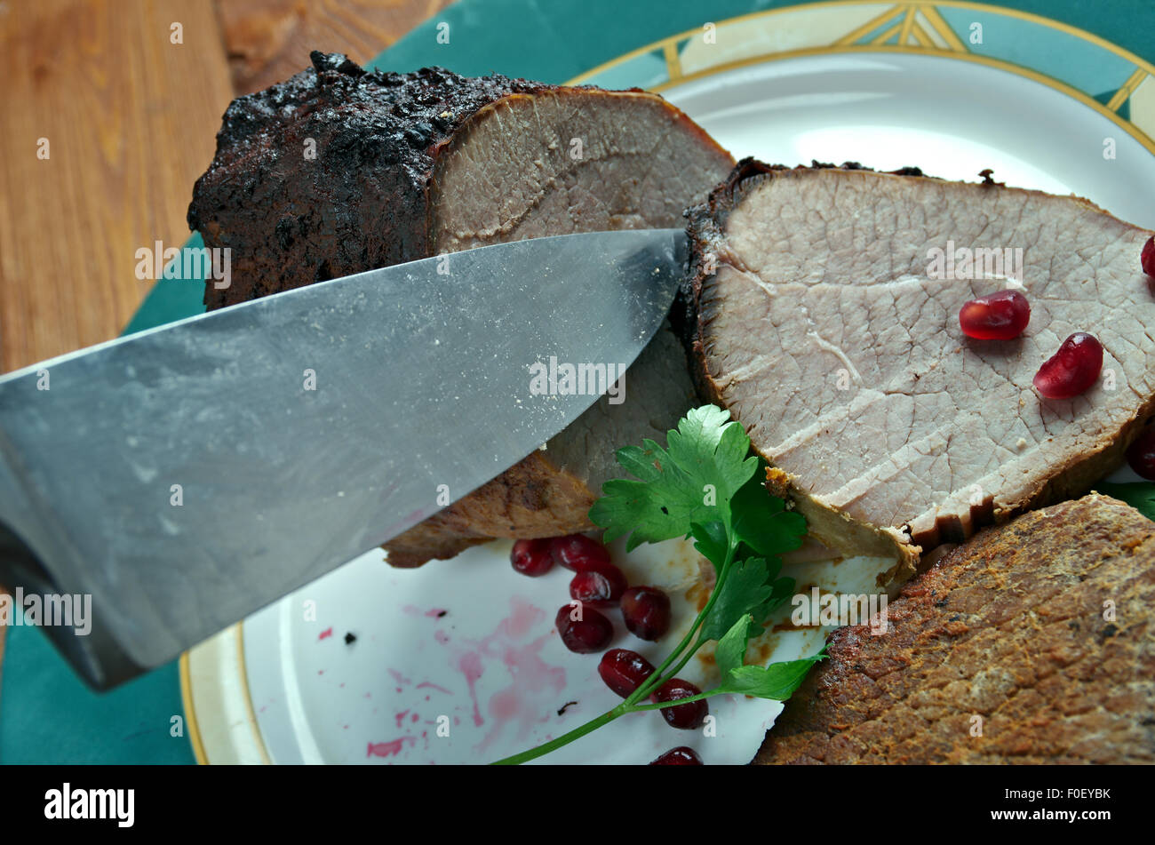 Sliced peppered Roast Scotch Fillet - baked meat on Scottish Stock ...