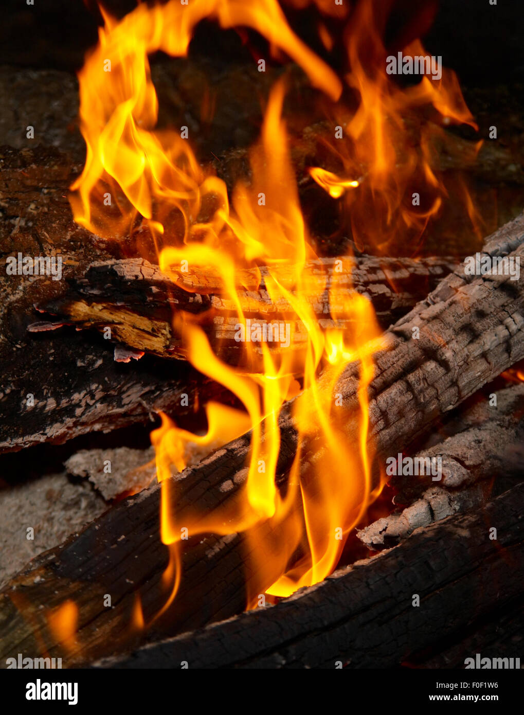 Flame tips on the firewood Stock Photo - Alamy