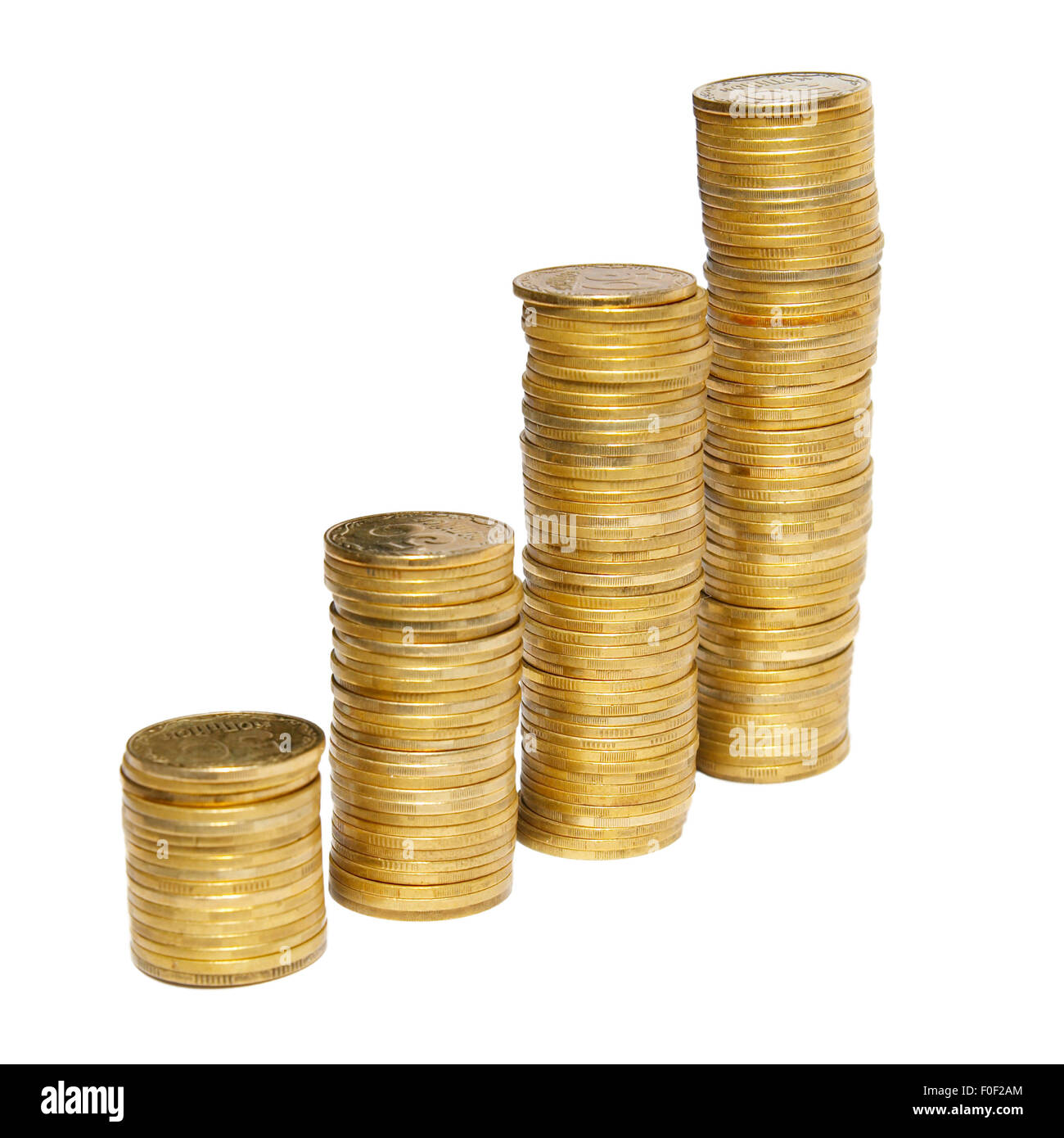 Columns of golden coins isolated on white Stock Photo - Alamy
