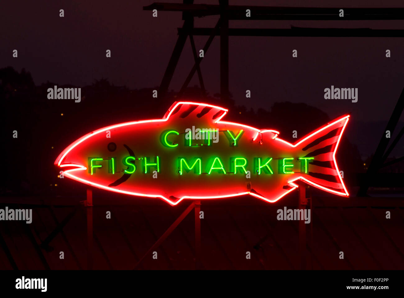 Fish Market neon, Pike Place Market, Seattle, Washington Stock Photo ...