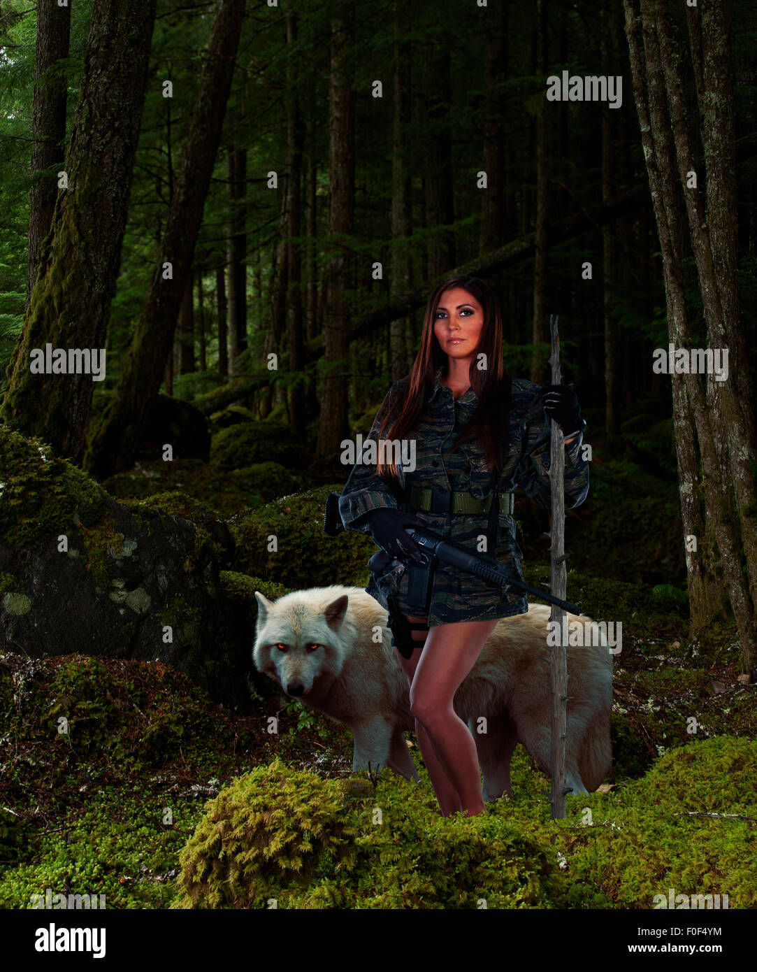 An American Indian woman in camouflage stops, with her gray wolf ...