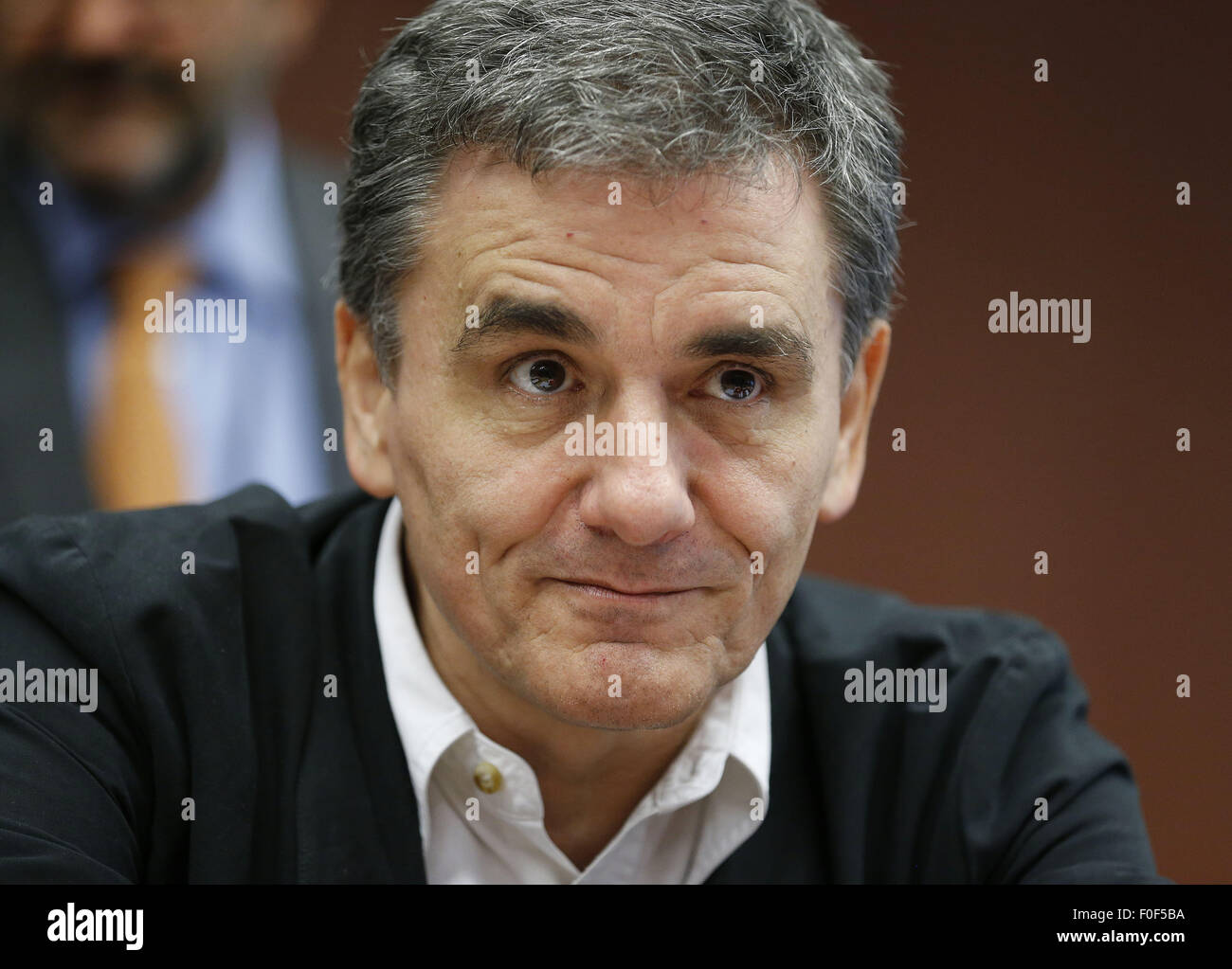 Brussels, Belgium. 14th Aug, 2015. Greek Finance Minister Euclid ...