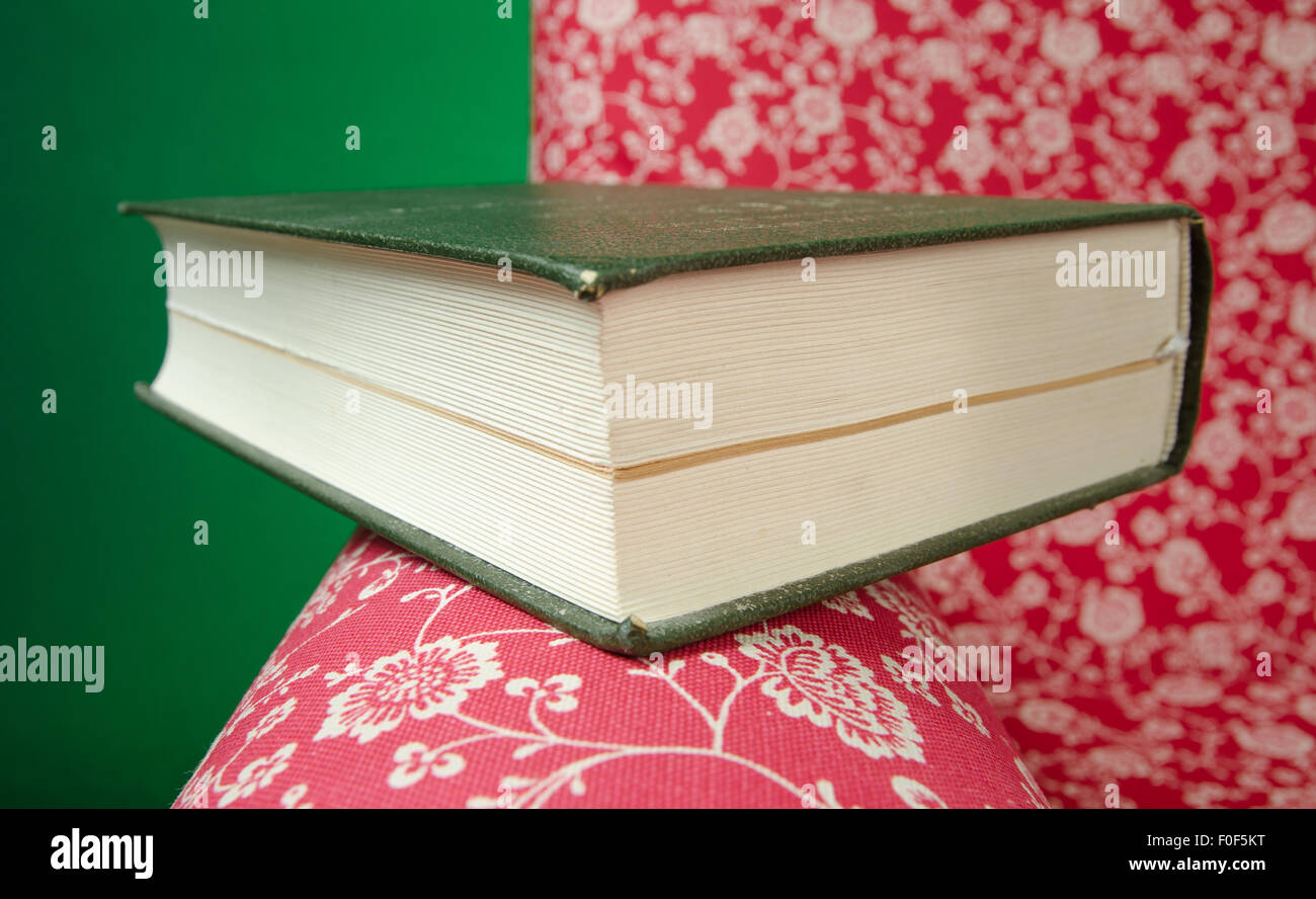 Closed book on red armchair rest left after reading, with green ...