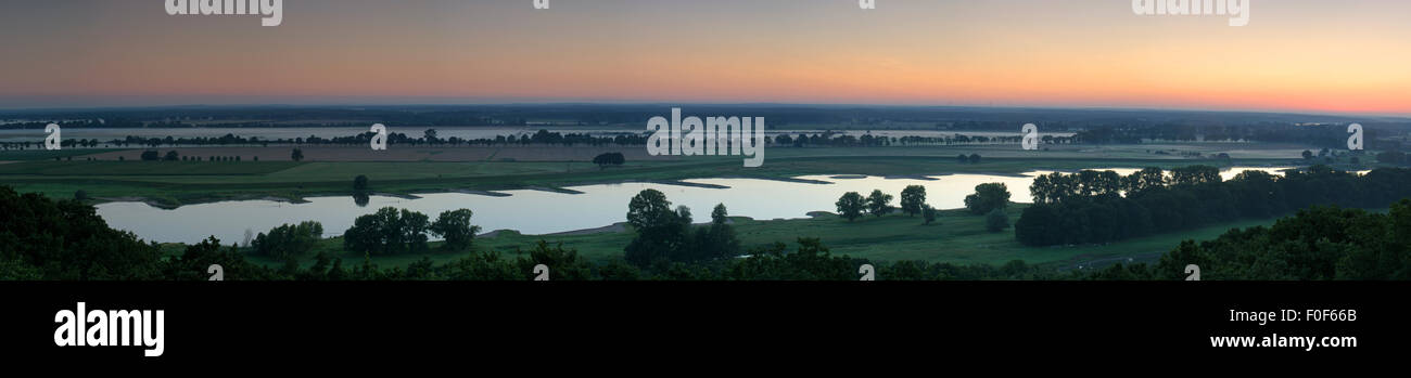 Panoramic view of the Elbe River at sunrise, Elbe Biosphere Reserve ...