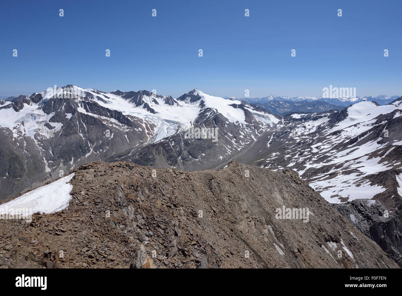 ridge at the Kreuzspitze and panorama view, Oetztal, Austria Stock ...