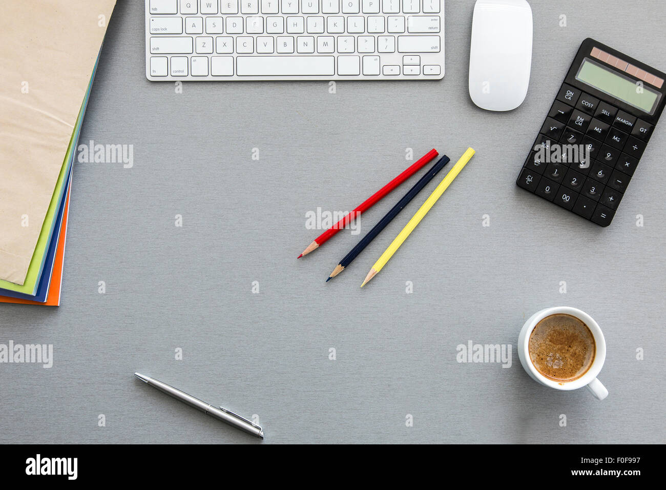 Office workplace on grey background Stock Photo - Alamy