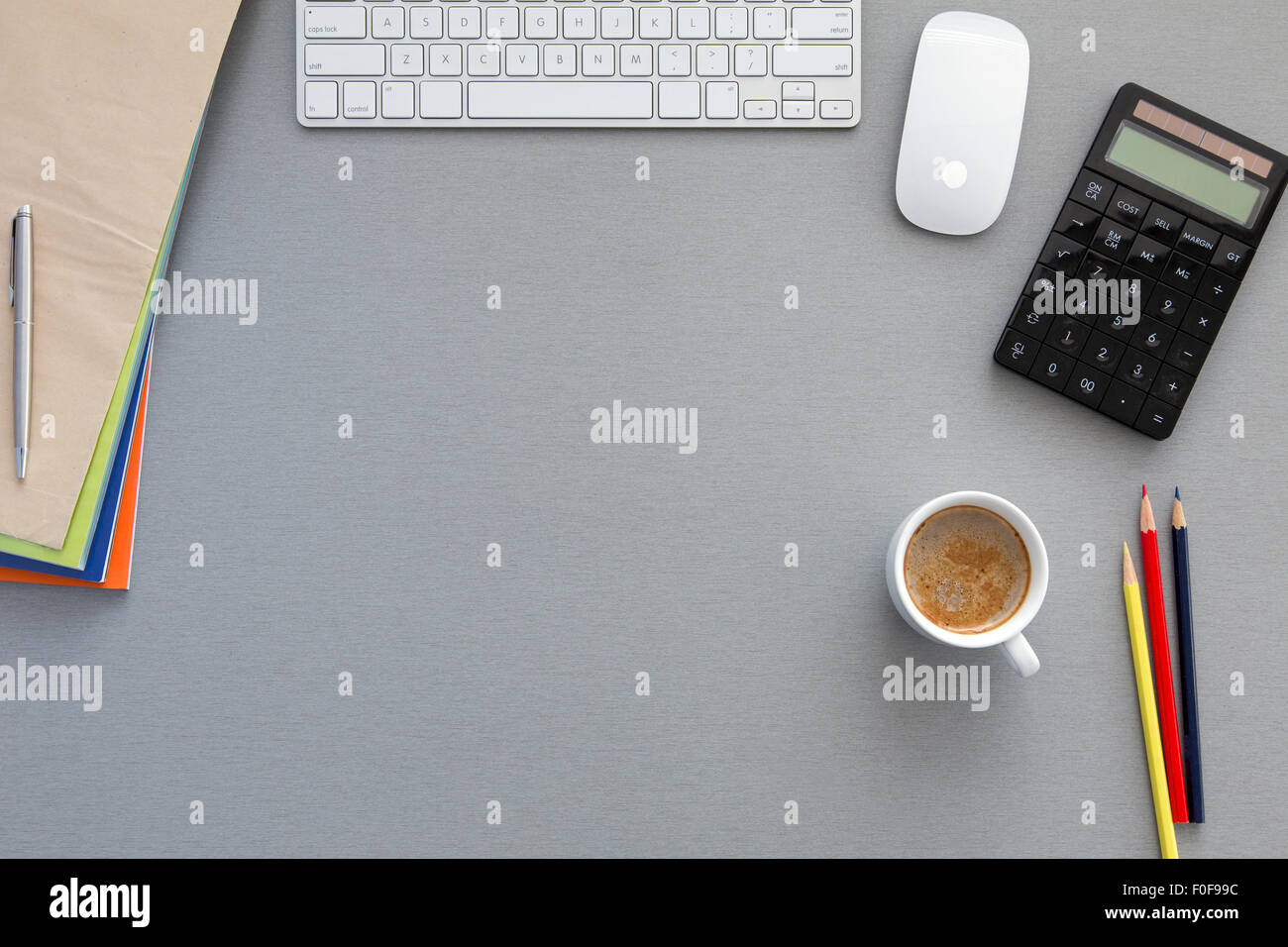 Office working place on gray wooden table Stock Photo - Alamy