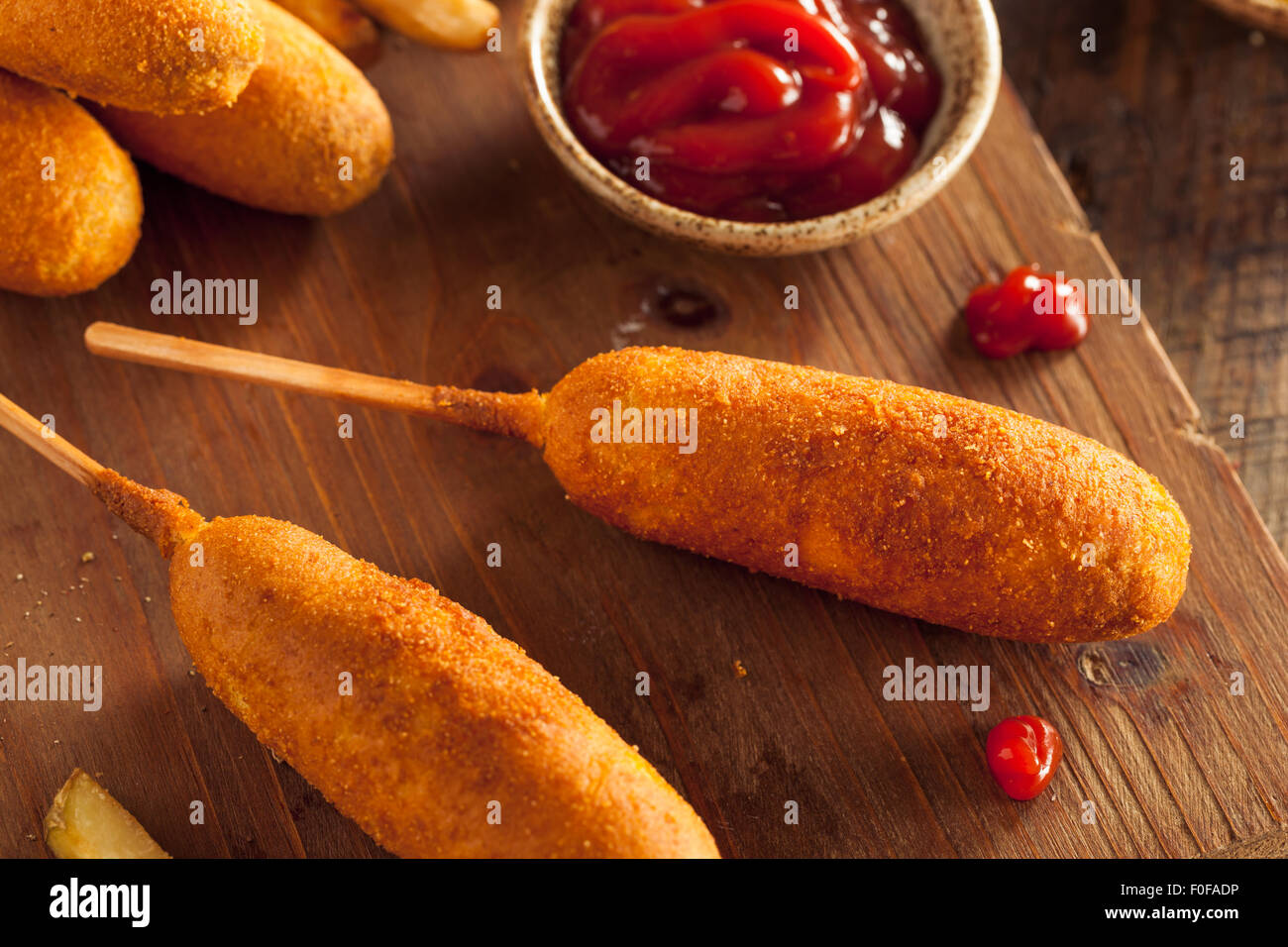 Homemade Organic Corn Dogs with Fries and Ketchup Stock Photo - Alamy