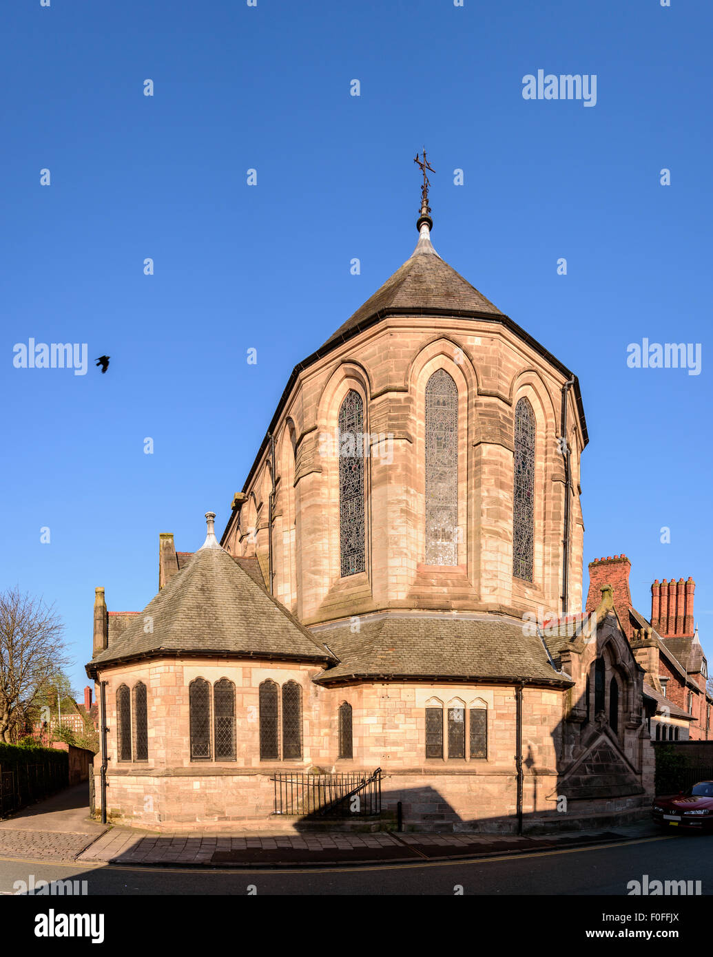 Facade of a beautiful church in bright daylight. The church is situated ...