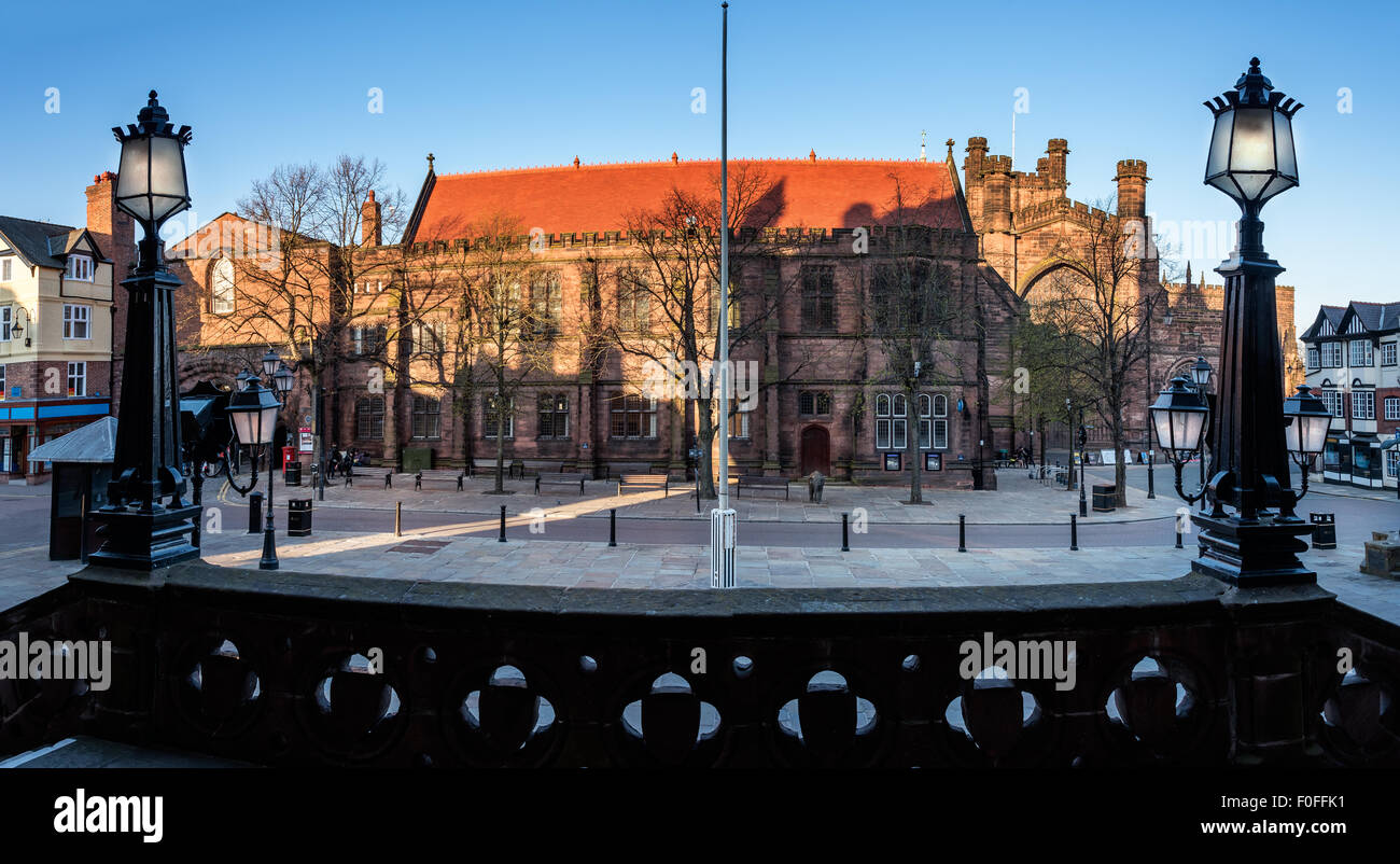 Market square in Chester UK. Late evening light illuminating the red ...