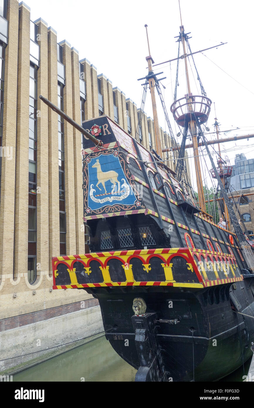 A replica of Francis Drake's Golden Hind ship near London Bridge Stock ...