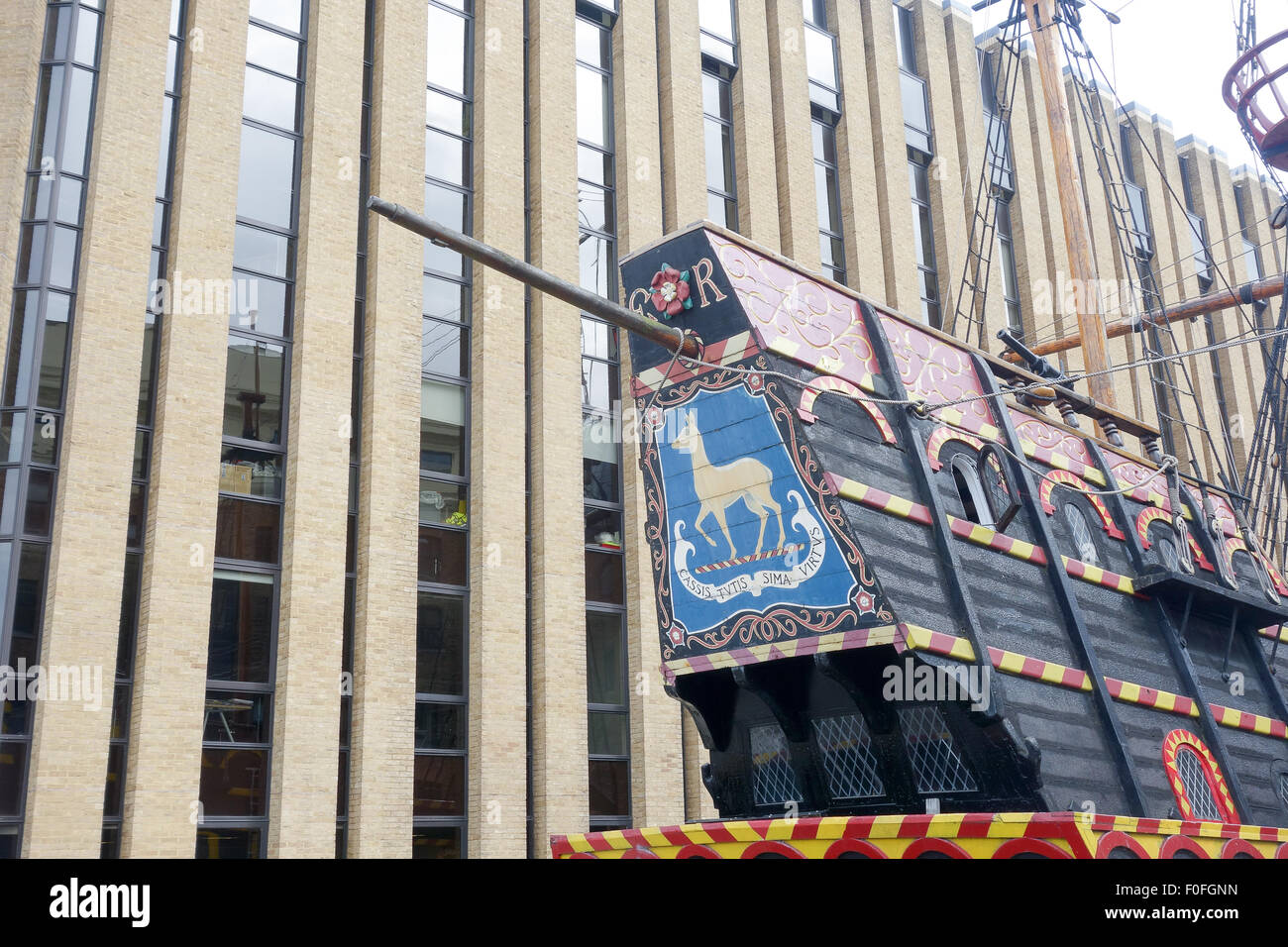 A replica of Francis Drake's Golden Hind ship near London Bridge Stock ...