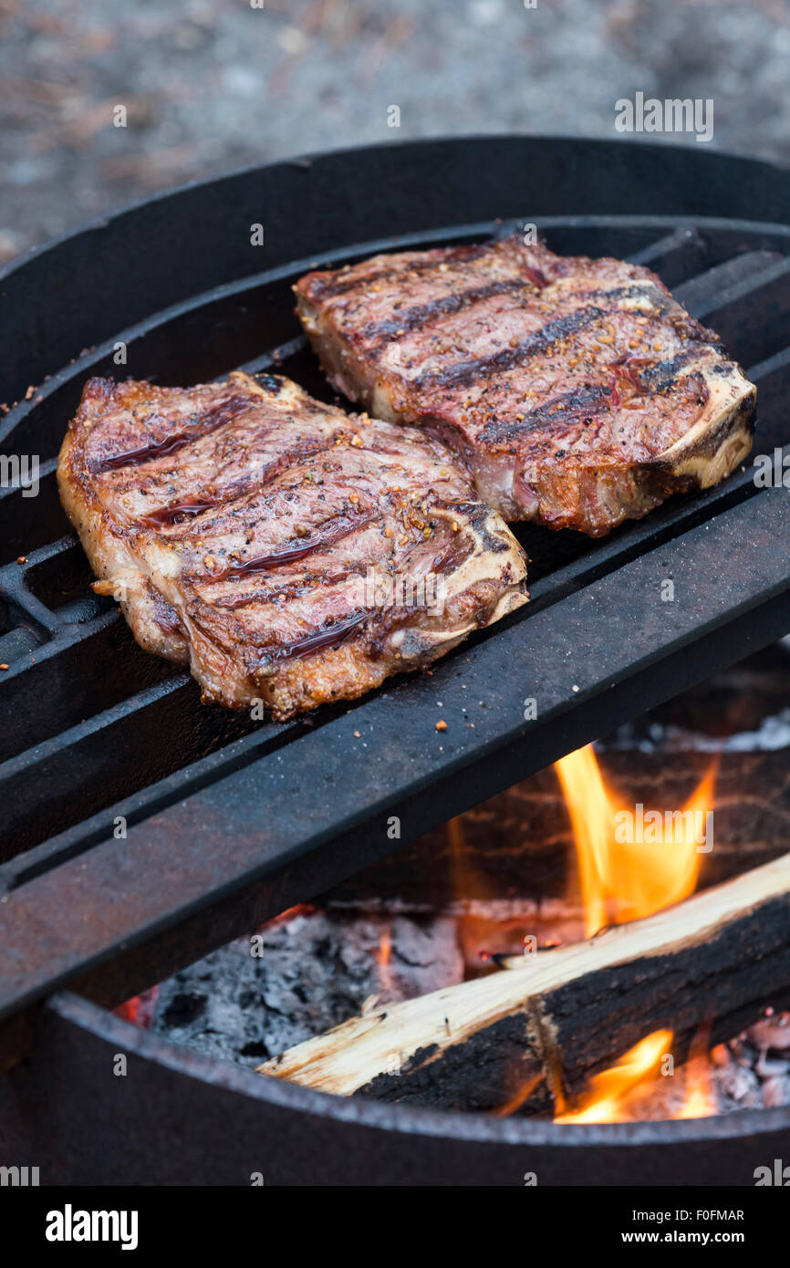 Pair of steaks grilling over a campfire Stock Photo - Alamy