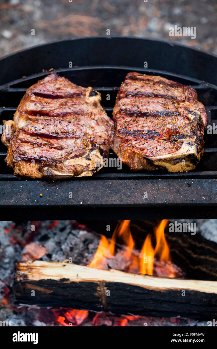 Pair of steaks grilling over a campfire Stock Photo - Alamy
