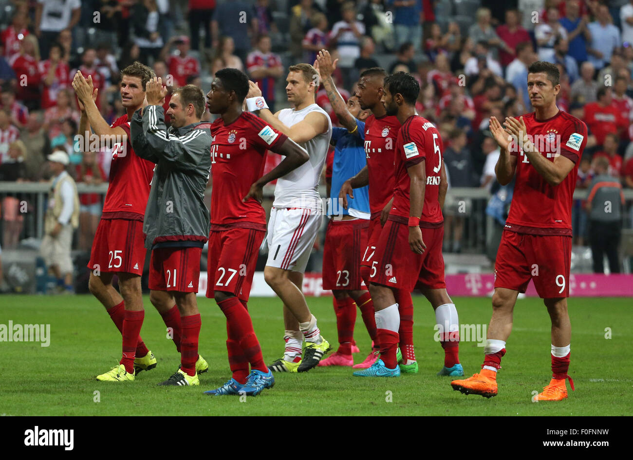 Munich, Germany. 14th Aug, 2015. Bayern Munich's players celebrate ...