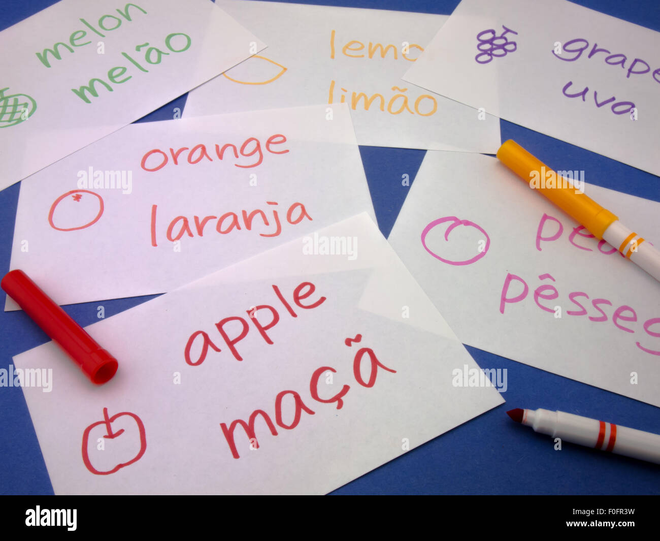 Making language flash cards for fundamental words; apple, lemon, peach ...