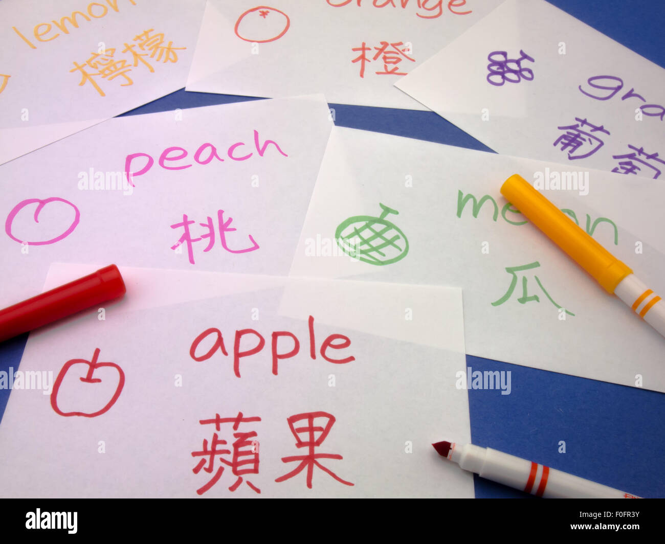 Making language flash cards for fundamental words; apple, lemon, peach ...