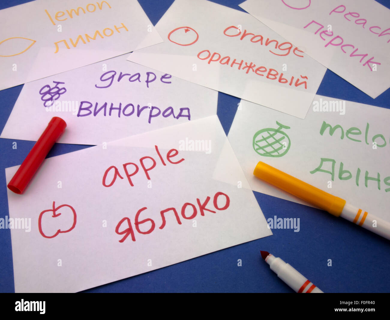 Making language flash cards for fundamental words; apple, lemon, peach ...
