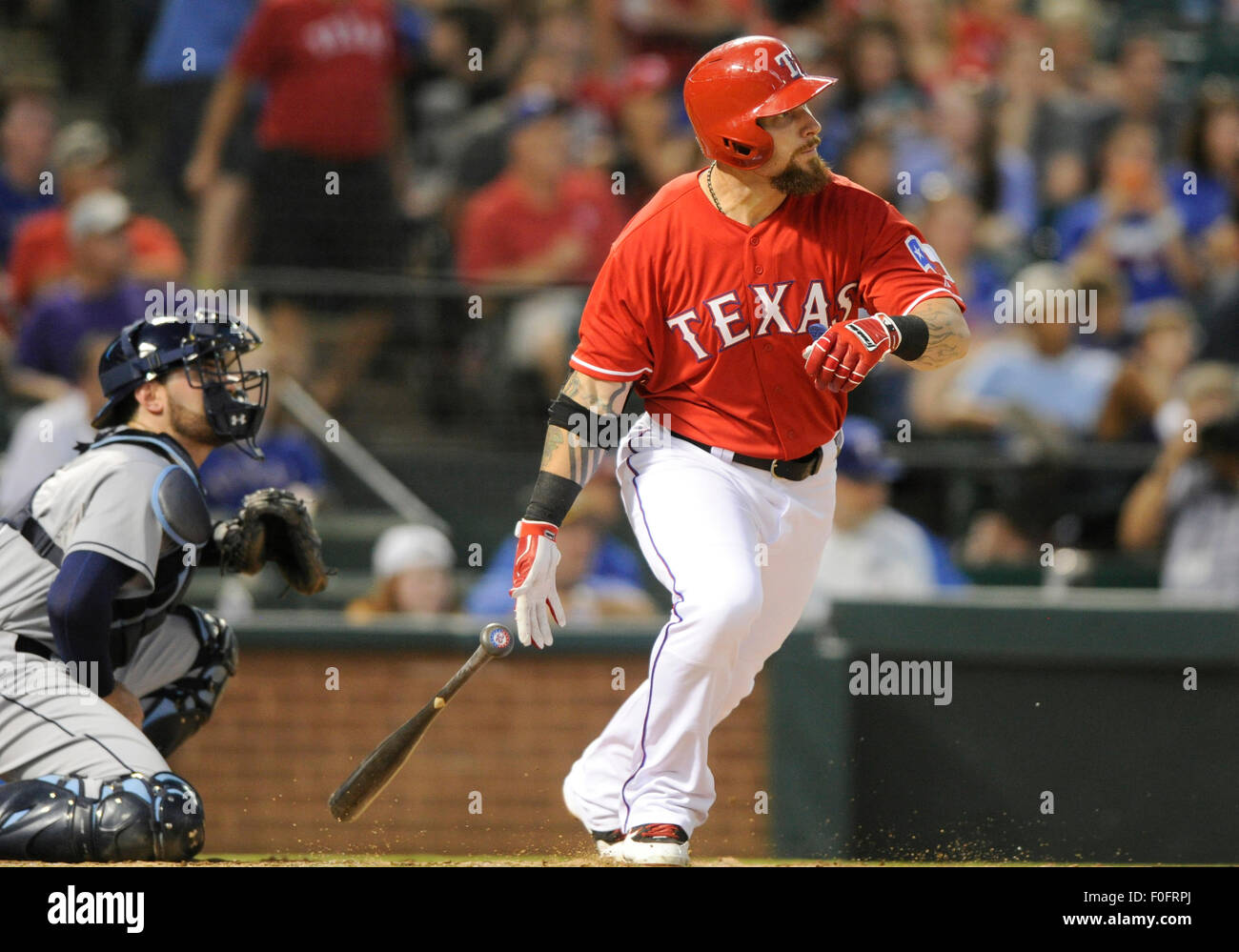 Arlington, Texas, USA. 14th Aug, 2015. Texas Rangers left fielder Josh ...
