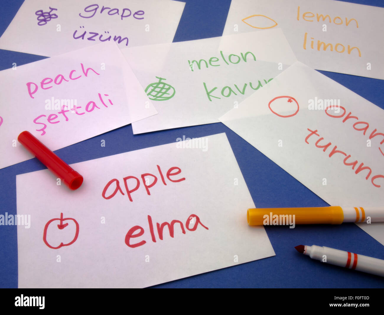 Making language flash cards for fundamental words; apple, lemon, peach ...
