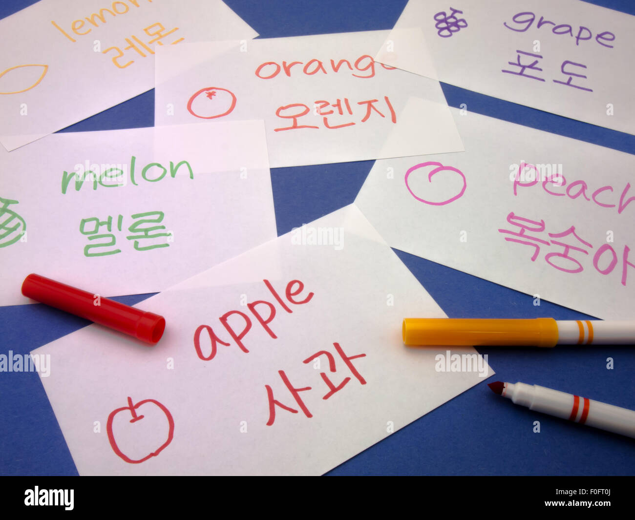 Making language flash cards for fundamental words; apple, lemon, peach ...