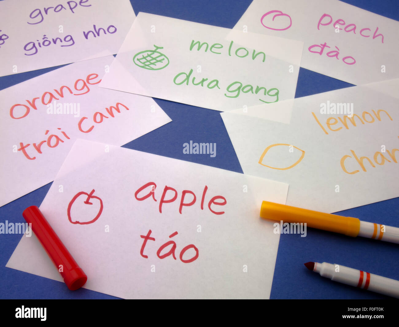 Making language flash cards for fundamental words; apple, lemon, peach ...
