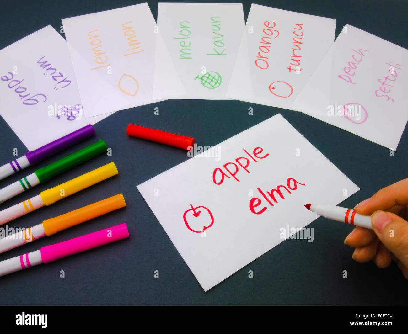 Making language flash cards for fundamental words; apple, lemon, peach ...