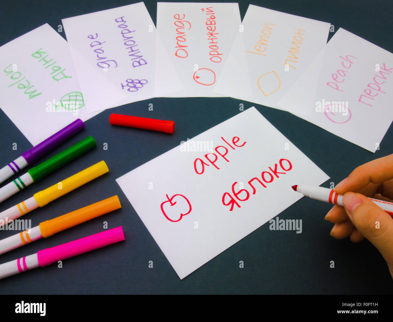 Making language flash cards for fundamental words; apple, lemon, peach ...