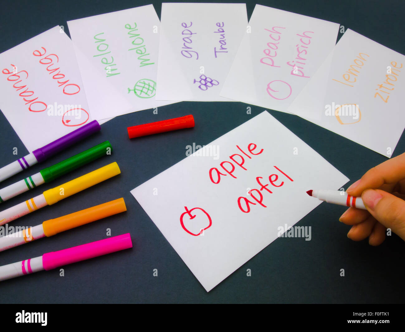 Making language flash cards for fundamental words; apple, lemon, peach ...