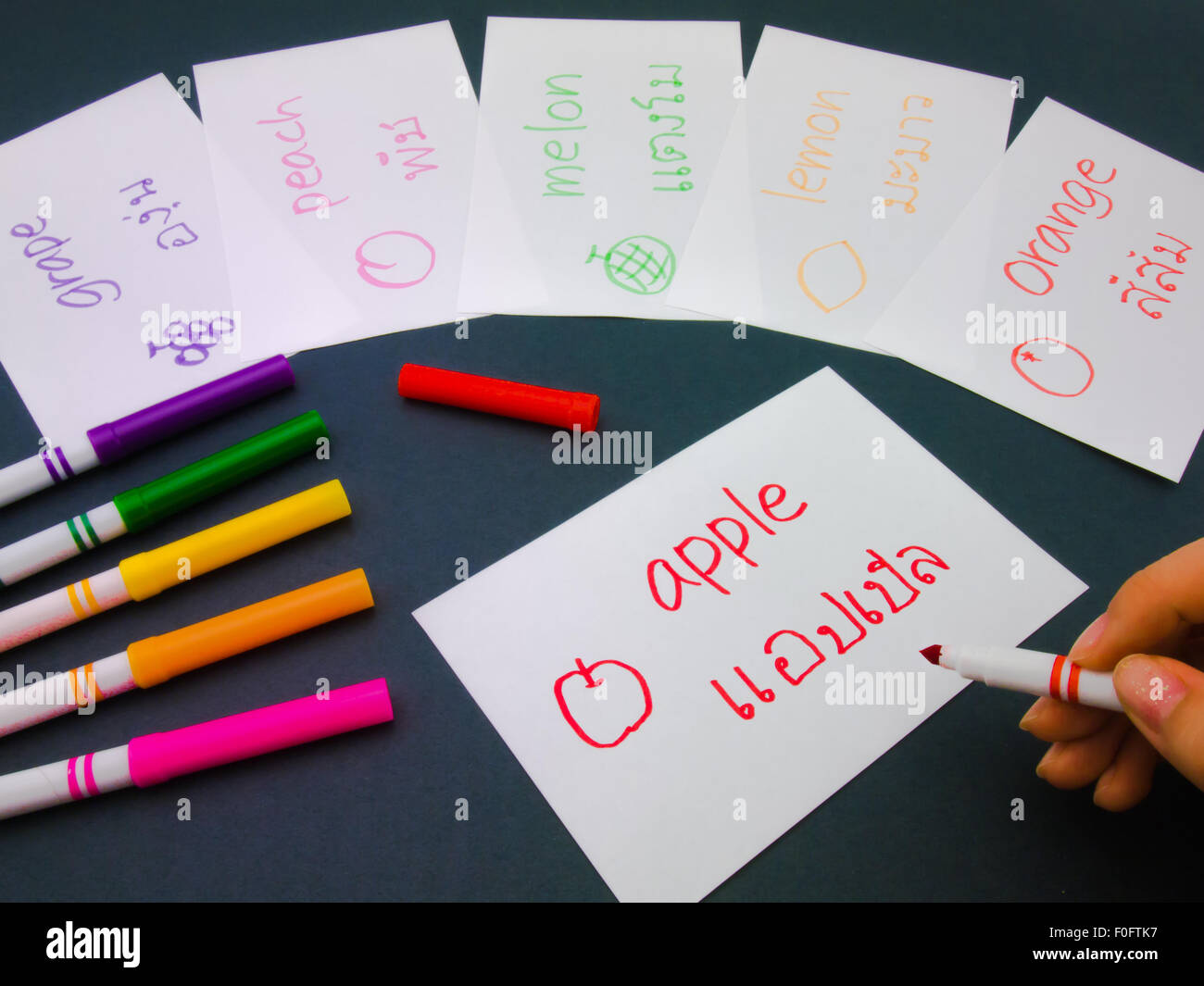 Making language flash cards for fundamental words; apple, lemon, peach ...